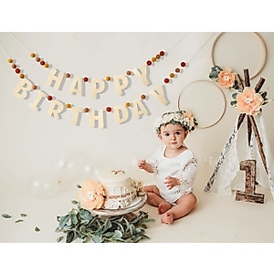 Boho Felt Happy Birthday Garland - Natural Handmade Wool Letters & Balls, Boho Birthday Decoration, Decorations for Children's Birthday Parties, Assembled Happy Birthday Banner