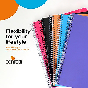 Confetti Spiral Notebook - Hole Punched - 4 Removable Dividers, Spill Proof Cover, Closing Elastic Band, Storage Pocket - Sturdy Bound Notepad, School & Office Supplies - 120 Sheets - Black