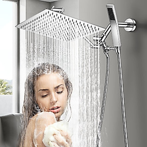 HotQing 12" Chrome Dual Square Shower Head, 15" Brass Adjustable Extension Arm, Rainfall Shower Head with Handheld, 3-Way Diverter with Holder, Teflon Tape Included