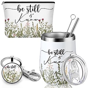 3 Pcs Christian Gifts for Women Be Still and Know Religious Gifts 12 oz Stainless Steel Tumbler Inspirational Scripture Keychain Bible Verse Cosmetic Bag for Mom Church Favors Mother's Day Gifts