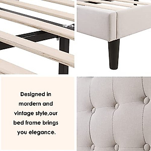 HIFIT King Bed Frame, Button Tufted Upholstered Platform with Adjustable Headboard, Mattress Foundation with Sturdy Frame, No Box Spring Needed, Easy Assembly, Beige