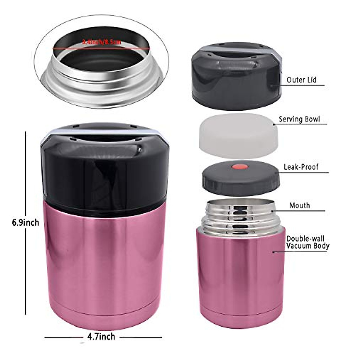 Food Jar Wide Mouth for Hot Food,304 Stainless Steel Leak Proof Double Wall Vacuum Insulated Soup Container with Handle Lid,27 oz BPA Free Thermos Lunch Box for Kids Adults (Pink)
