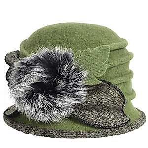 Women's Wool Dress Church Cloche Hat Bucket Winter Floral Hat (Green)