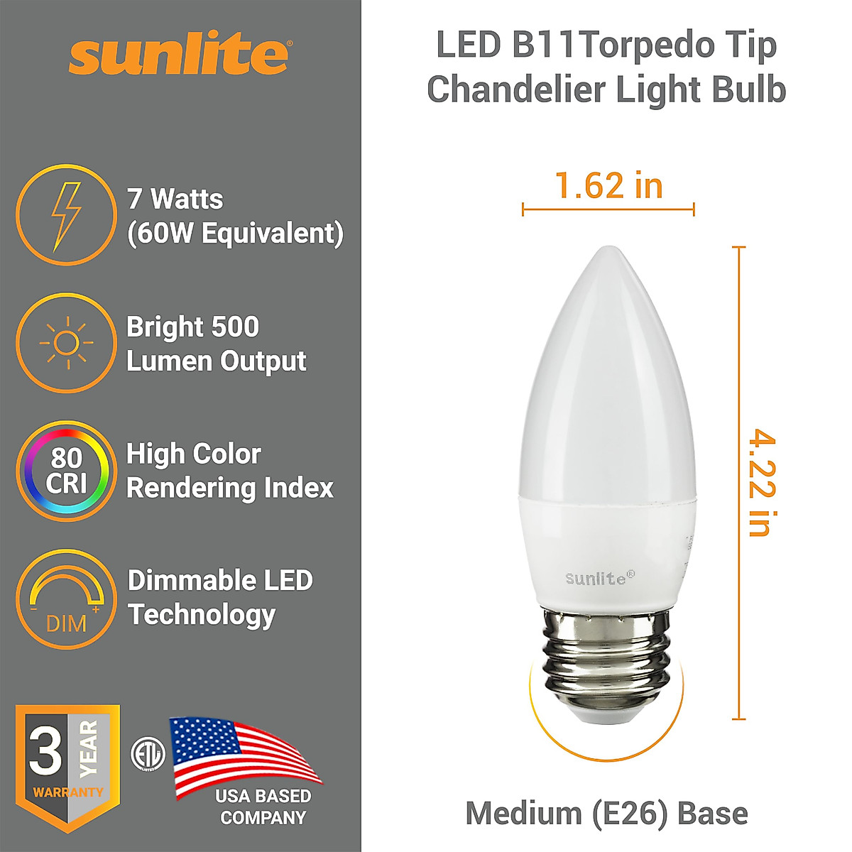 Sunlite 41380-SU LED Torpedo Tip B11 Chandelier Light Bulb, 7 Watts (60W Equivalent), 500 Lumens, Medium Base (E26), Dimmable, 27K - Warm White, 6 Pack, Frost