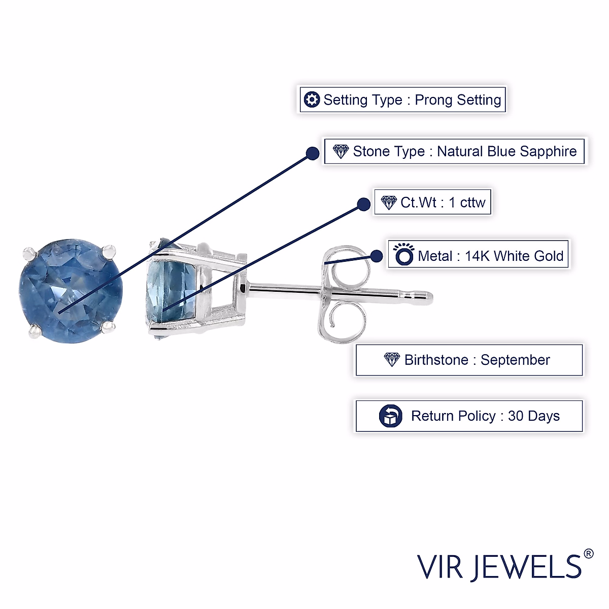 Vir Jewels 1 cttw Blue Sapphire Stud Earrings 14K White Gold Round with Push Backs September Birthstone