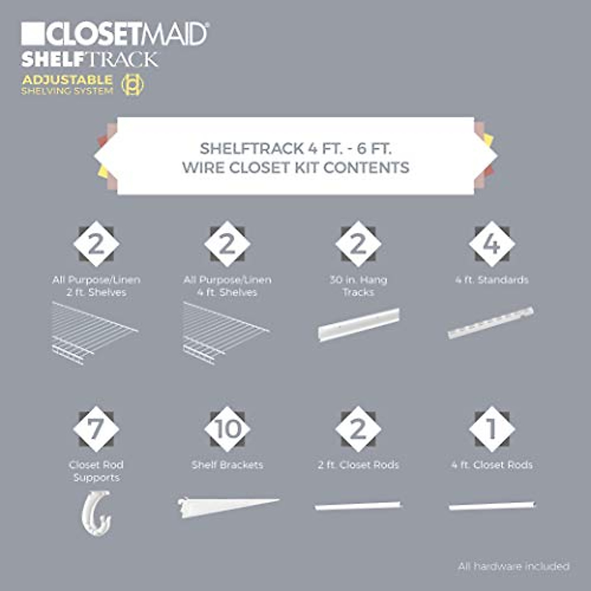 ClosetMaid ShelfTrack Wire Closet Organizer System, Adjustable from 4 to 6 Ft., With Shelves, Clothes Rods, Hardware, Durable Steel, White