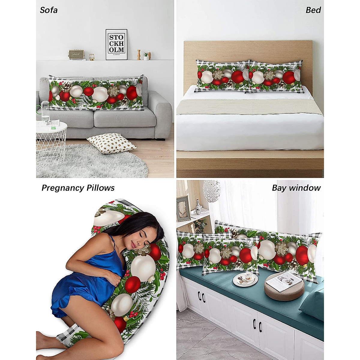 Hokiten Standard Size Pillow Cases Set of 2 - Christmas Balls, Microfiber Soft Pillowcases with Envelop Closure, Black White Buffalo Pine Cones Berries Lumbar Pillow Cover for Sofa/Couch, 20x26 Inches