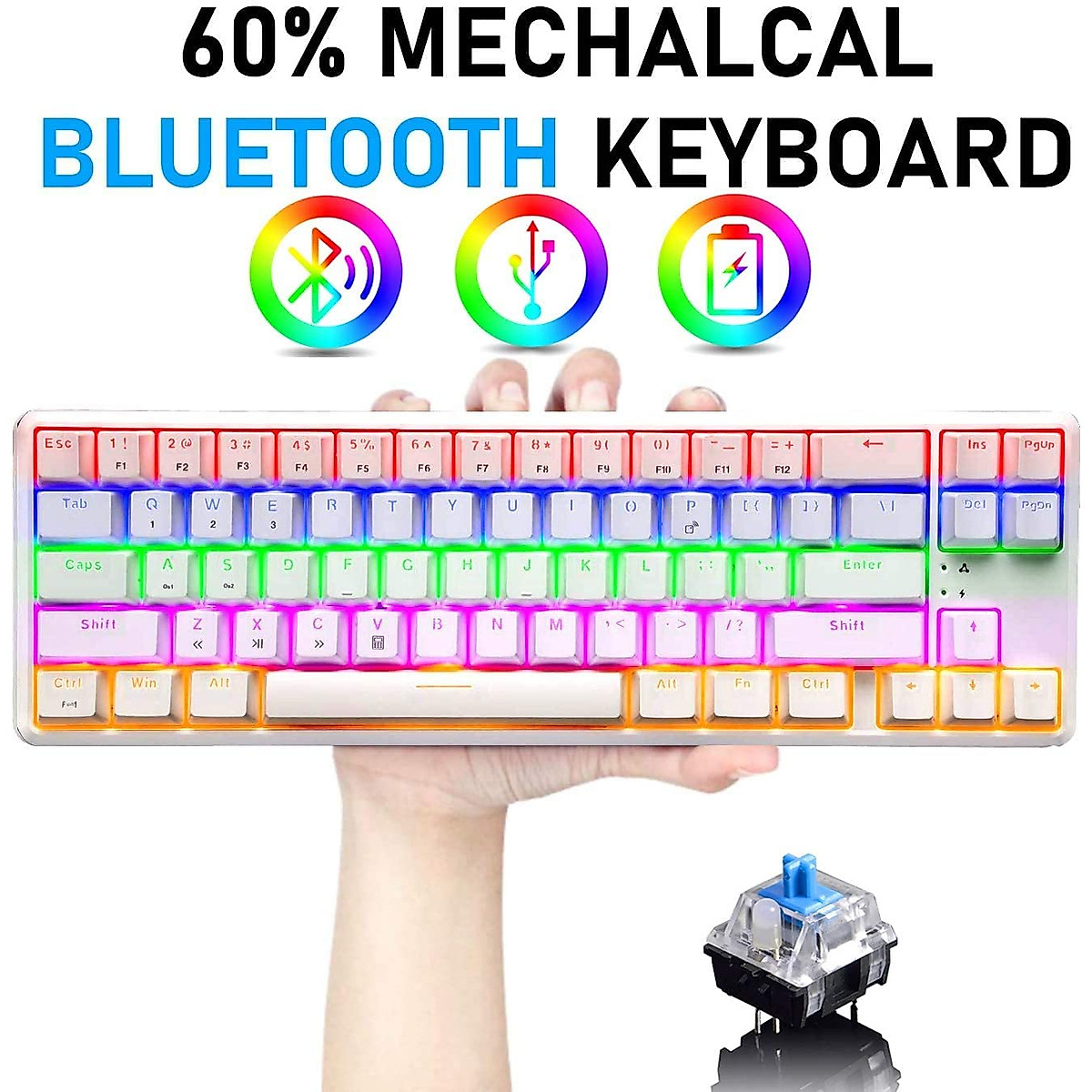 Wireless Mechanical Gaming Keyboard,60% Ultra-Compact Blue Backlit Rechargeable Bluetooth Dual Wired/Wireless Blue Switches Computer Keyboard for Multi-Device Phone Android Mobile(White Rainbow)