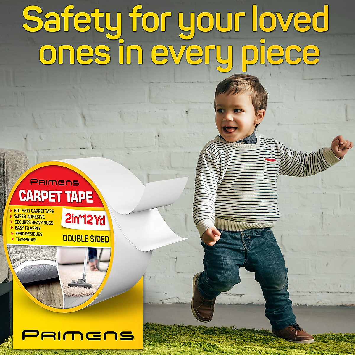 Double Sided Carpet Tape - Rug Grippers Tape for Area Rugs and Hardwood Floors Safe - Carpet Binding Tape Removable, Residue Free, Strong Adhesive and Heavy Duty Stickers Tape, 2 Inch / 12 Yards