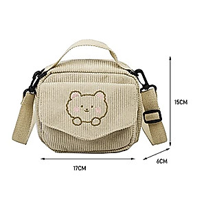 Cute Kawaii Purse Crossbody Bag Girls Kawaii Bear Corduroy Satchel Purse Cute Plush Shoulder Bag Purse Kawaii Bear Print Purse for Teen Girls Women