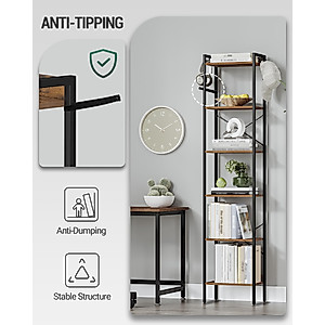 Hzuaneri Bookshelf, Book Shelf, Industrial Bookcase with 2 Hooks, Coner Shelf Storage Organizer for Home Office, Living Room, Bedroom, Kitchen, 6-Tier Rustic Brown BC10701B