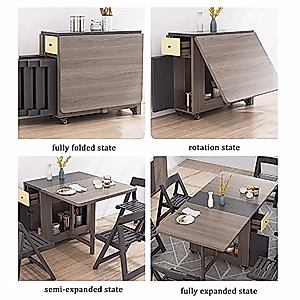Folding Dining Table Set, Mobile Drop Leaf Dining Kitchen Table with 4 Chairs, Wood Simple Storage Table with 2 Wheels for Kitchen Dining Room Living Room Family Gathering. (1.5M)