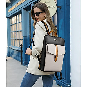 CLUCI Leather Laptop Backpack for Women 15.6 inch Computer Backpack Stylish Travel Backpack Purse for Women Work Daypack Bag Black-white with yellow