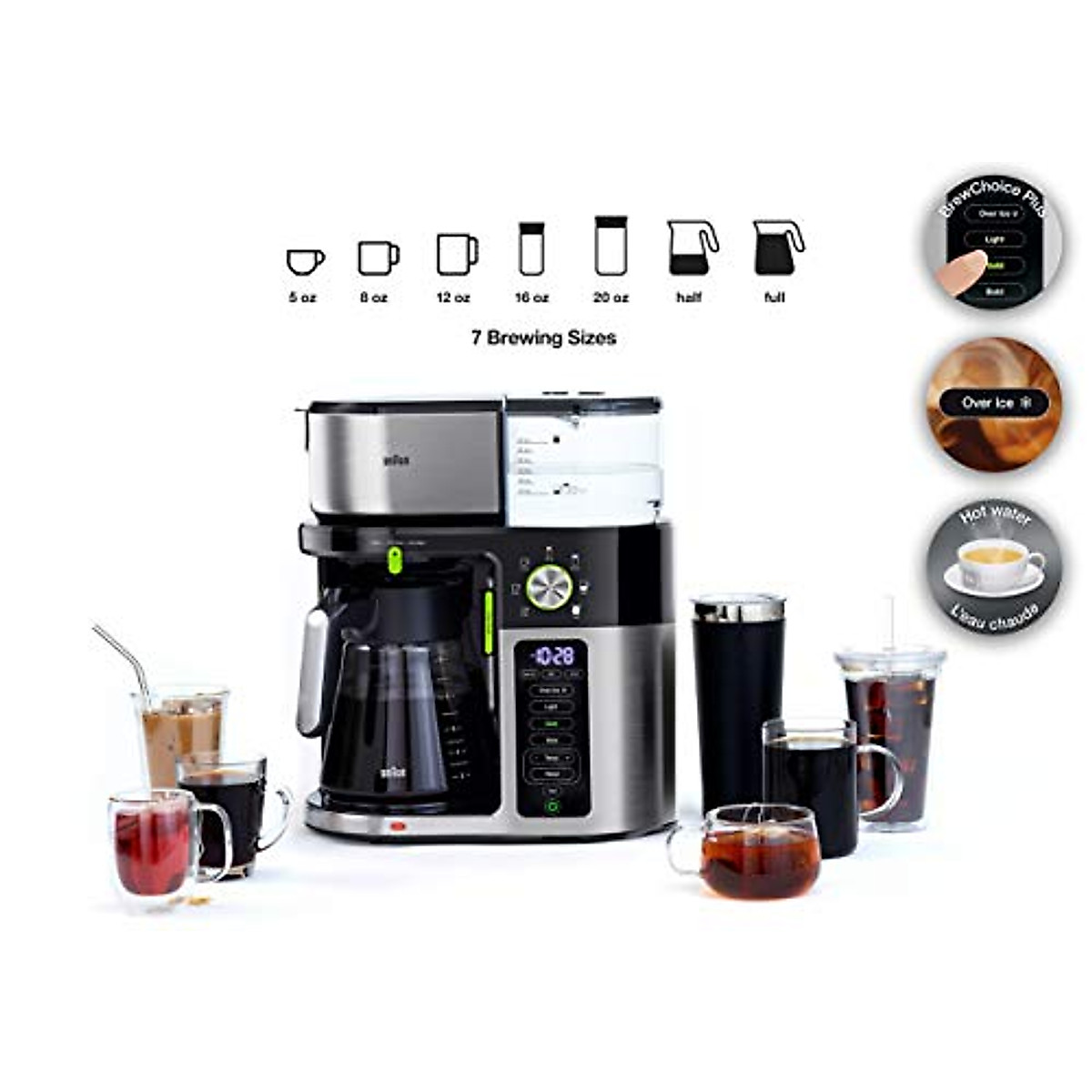 Braun MultiServe Coffee Machine 7 Programmable Brew Sizes / 3 Strengths + Iced Coffee & Hot Water for Tea, Glass Carafe (10-Cup), Stainless/Black, KF9150BK