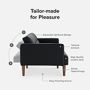 mopio Aaron 76.8" Couch, Small Futon Sofa Bed, Sleeper, Loveseat, Mid Century Modern Futon Couch, Sofa Cama, Couches for Living Room, Bedroom (Midnight Black, Faux Leather)