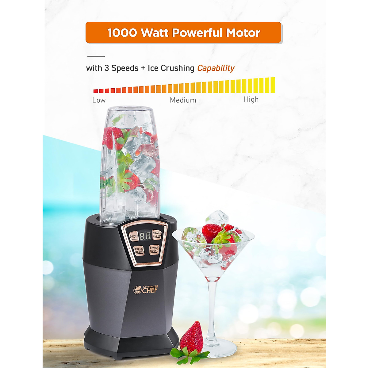 COMMERCIAL CHEF Personal Blender with 3 Modes, Blender for Smoothies, Shakes & More with 6 Stainless Steel Blades, 1000W Small Blender with LED Display