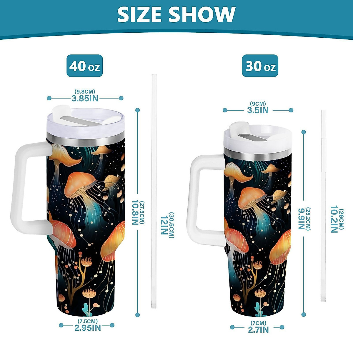 ARGTILDN 40 oz Tumbler Sea Jellyfish Glow Insulated Travel Mug with Handle and Straw Lid Stainless Steel Vacuum Coffee Cup Tea Beverage Container Water Bottles for Car Sports office