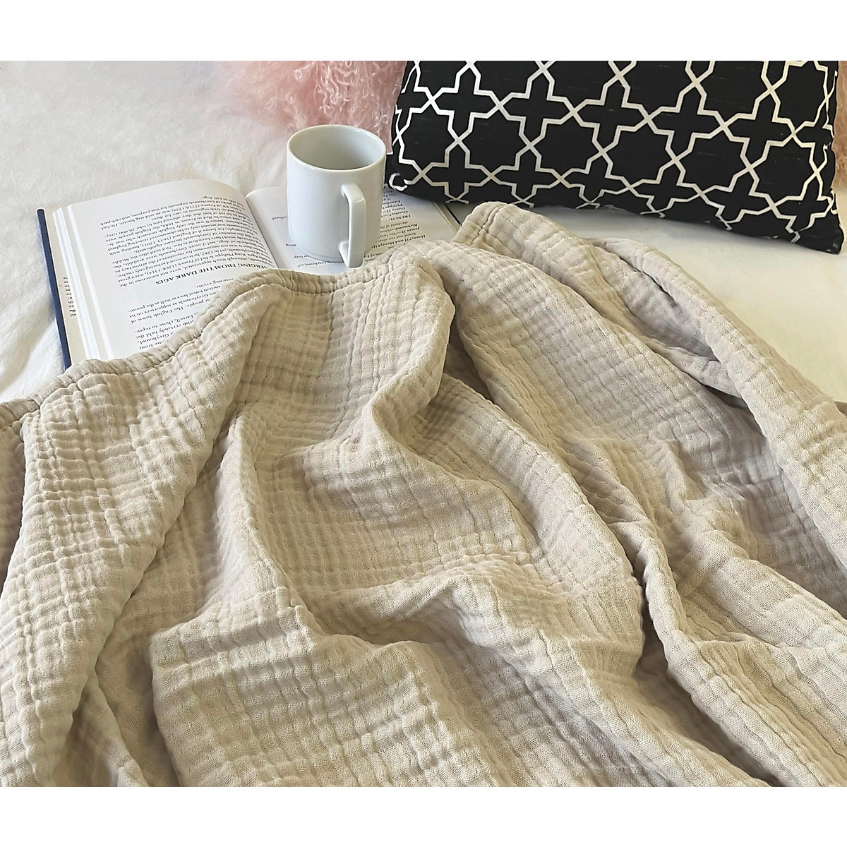 KyraHome 100% Organic 55"x60" Muslin Cotton Throw Blanket for Couch, Adult, Plant Dyed Breathable Soft Cozy Lightweight Gauze Blanket, All Season (Oatmeal Khaki/Sandshell)