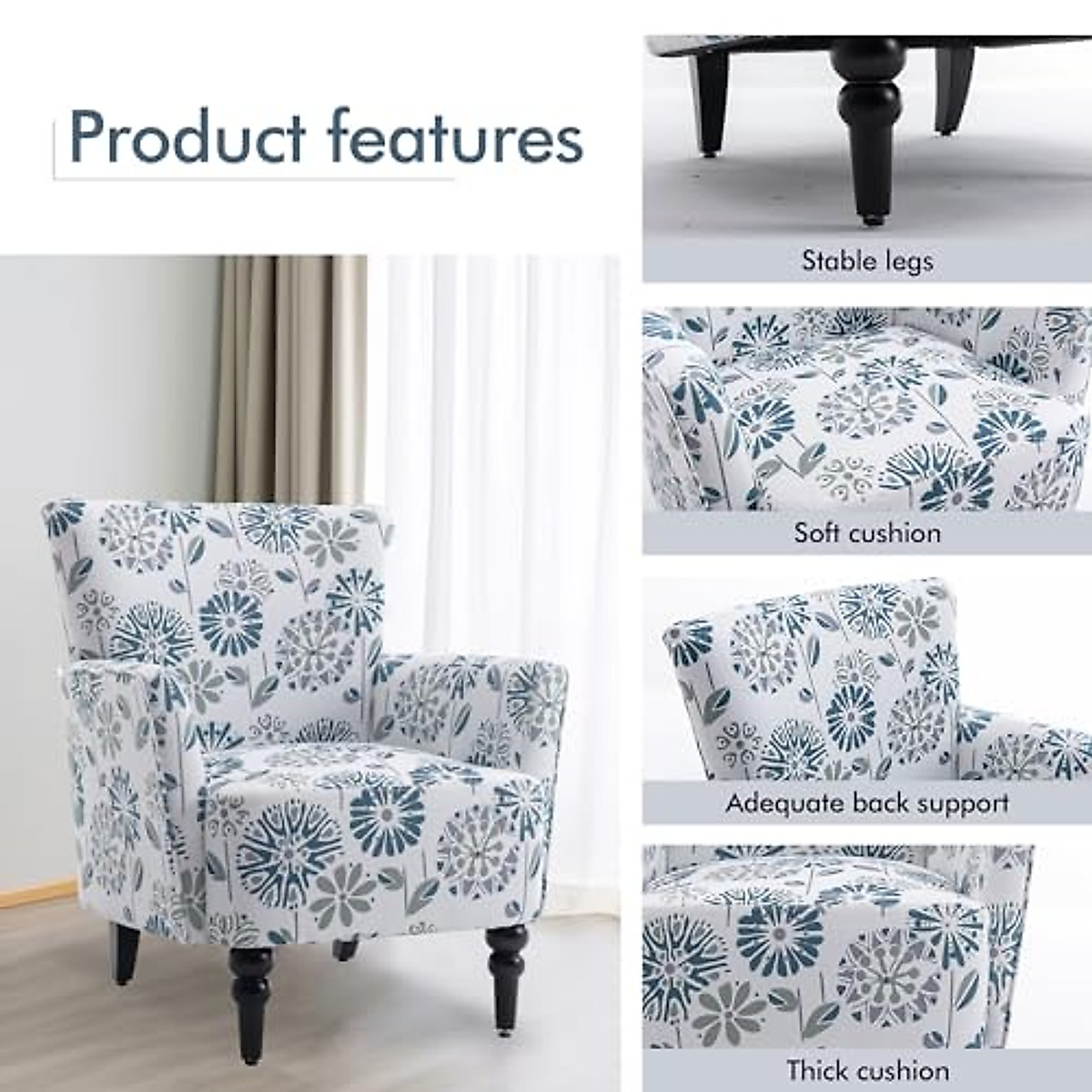 sunkind Mid Century Modern Chair Accent Chair with Arms, Linen Fabric Armchair Single Sofa Comfy Upholstered Reading Chair for Living Room Sitting Room Bedroom Studio,White Blue