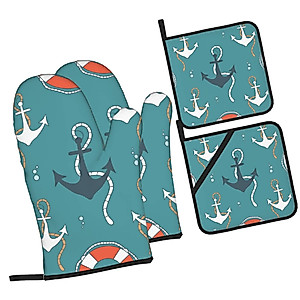 LAKIMCT Offshore Anchor Oven Mitts and Pot Holders Sets Non-Slip Potholders Heat Resistant Oven Gloves for Kitchen Baking Cooking BBQ, 4-Piece Set