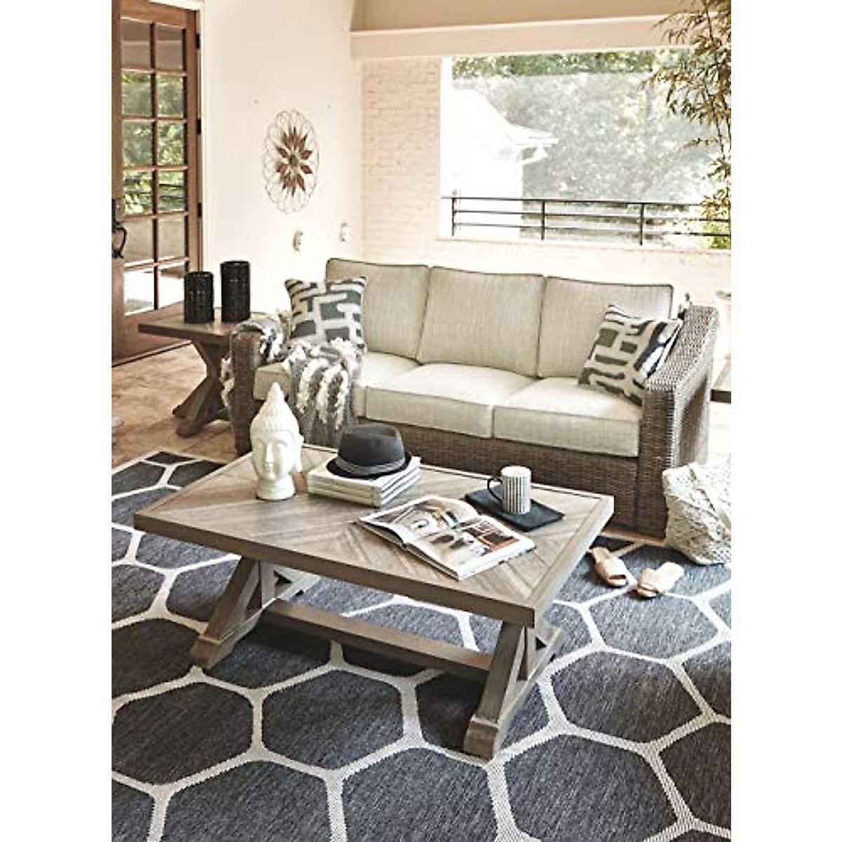 Signature Design by Ashley Beachcroft Outdoor Wicker Patio Sofa with Cushion and 2 Pillows, Beige, Light Gray
