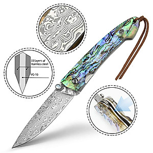 NedFoss Pocket Knife, Damascus Pocket Knife with Abalone Shell Handle, Handmade Forged Damascus Steel Folding Knife with Gift Box, Excellent Gifts for Men Women