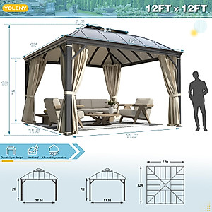 YOLENY 12'x12' Hardtop Gazebo, Permanent Outdoor Aluminum Patio Gazebo with Aluminum Composite Double Arc Roof for Patio Lawn and Garden, Curtains and Netting Included