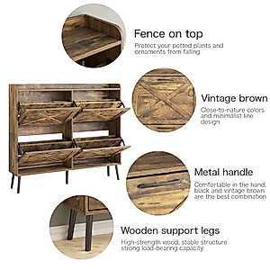 Maupvit Large Shoe Cabinet with 4 Flip Drawers, Freestanding Shoe Organizer with Metal Drawer Bracket for Entryway, Narrow Shoe Rack Cabinet, 5 Sturdy Legs, Rustic Brown