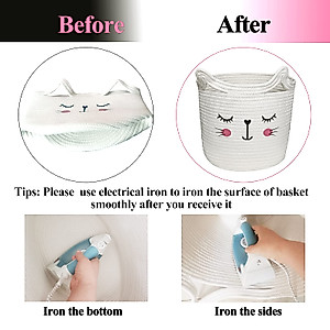 Bigepige Cat Decorative Baby Toy Storage Basket with Handle, Cotton Rope Blanket Basket for Cat Lovers Gift, Stuffed Animal Storage Bin, Cute Kids Laundry Nursery Hamper Organizer (White3, Medium)