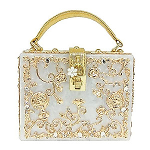 Acrylic Purses and Handbags for Women Flower Ladies Evening Crossbody Shoulder Bag Rhinestones Top-Handle Tote Clutch Box Bag (White)