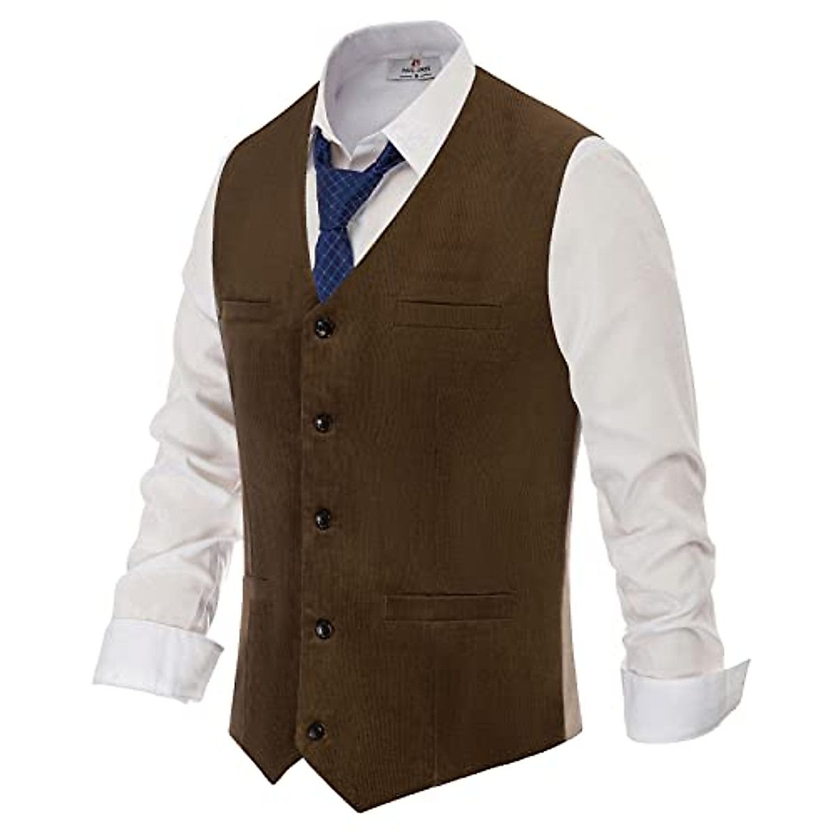 PJ PAUL JONES Mens 1940s Button Down Vests Solid Retro Slim Fit Waistcoat Brown L