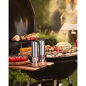 FORLIM Mini Electric Salt and Pepper Grinder Set with Wood Base, USB Rechargeable, Small Automatic Salt Pepper Mill Grinder, Travel/Outdoor BBQ/Children, One-Button Control (2 Packs, Stainless Steel)