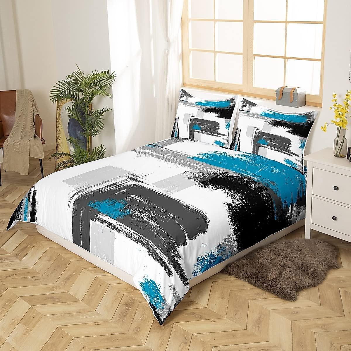 Feelyou Abstract Comforter Cover Set Modern Abstract Art Bedding Set for Boys Girls Children White Grey Blue Pattern Bedding Duvet Cover Set Room Decor King Size Bedspread Cover 3Pcs