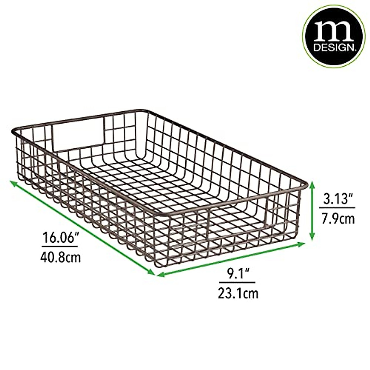 mDesign Metal Wire Food Storage Shallow Bin Basket with Handles for Organizing Kitchen Cabinets, Counter, Pantry Shelf - Perfect for Snacks, Drinks - Concerto Collection - Bronze