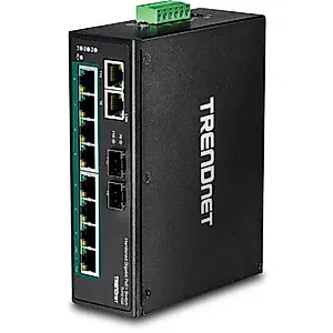 TRENDnet 10-Port Industrial Gigabit PoE+ DIN-Rail Switch, 8 x Gigabit PoE+ Ports, DIN-Rail Mount, 2 x SFP Slots, 240W PoE Power Budget, Network Switch, IP30, QoS, Lifetime Protection, Black, TI-PG102