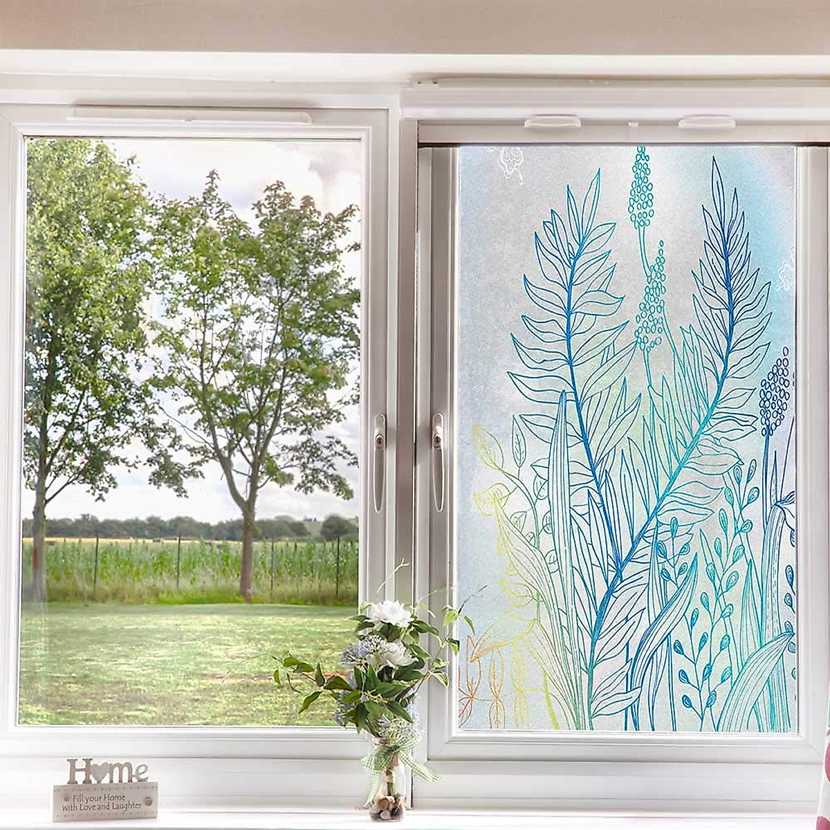 Floral Frosted Window Film Privacy Film, Valentine Window Decal for Bathroom Office Living Room,Blue Yellow Purple Green 24 x 36 inch, Yellow,Blue,Green,Purple
