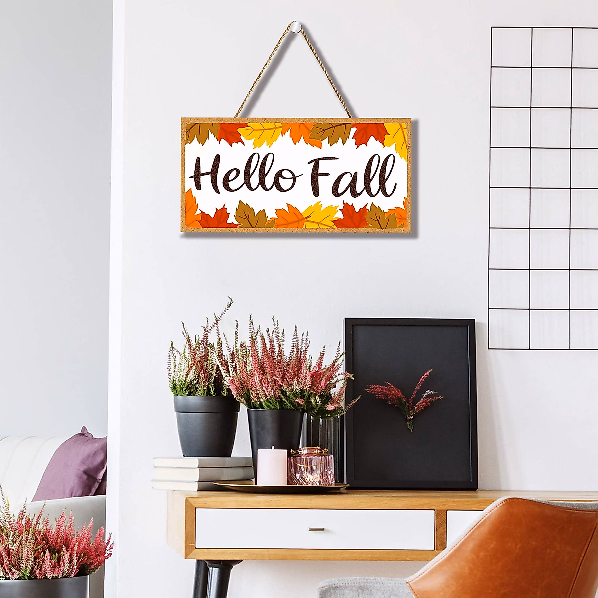 Hello Fall Sign Wall Decor 14" Autumn Harvest Thanksgiving Maple Leaf Sign Rustic Hanging Decorations in Home Art for Front Porch Door Plaque