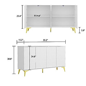 ECACAD Modern Sideboard Buffet Storage Cabinet with 4 Decorative Doors & Shelves, Kitchen Cupboard Console Cabinet with Metal Legs for Living Room, Entryway, White (55.2”L x 15.2”W x 30.8”H)