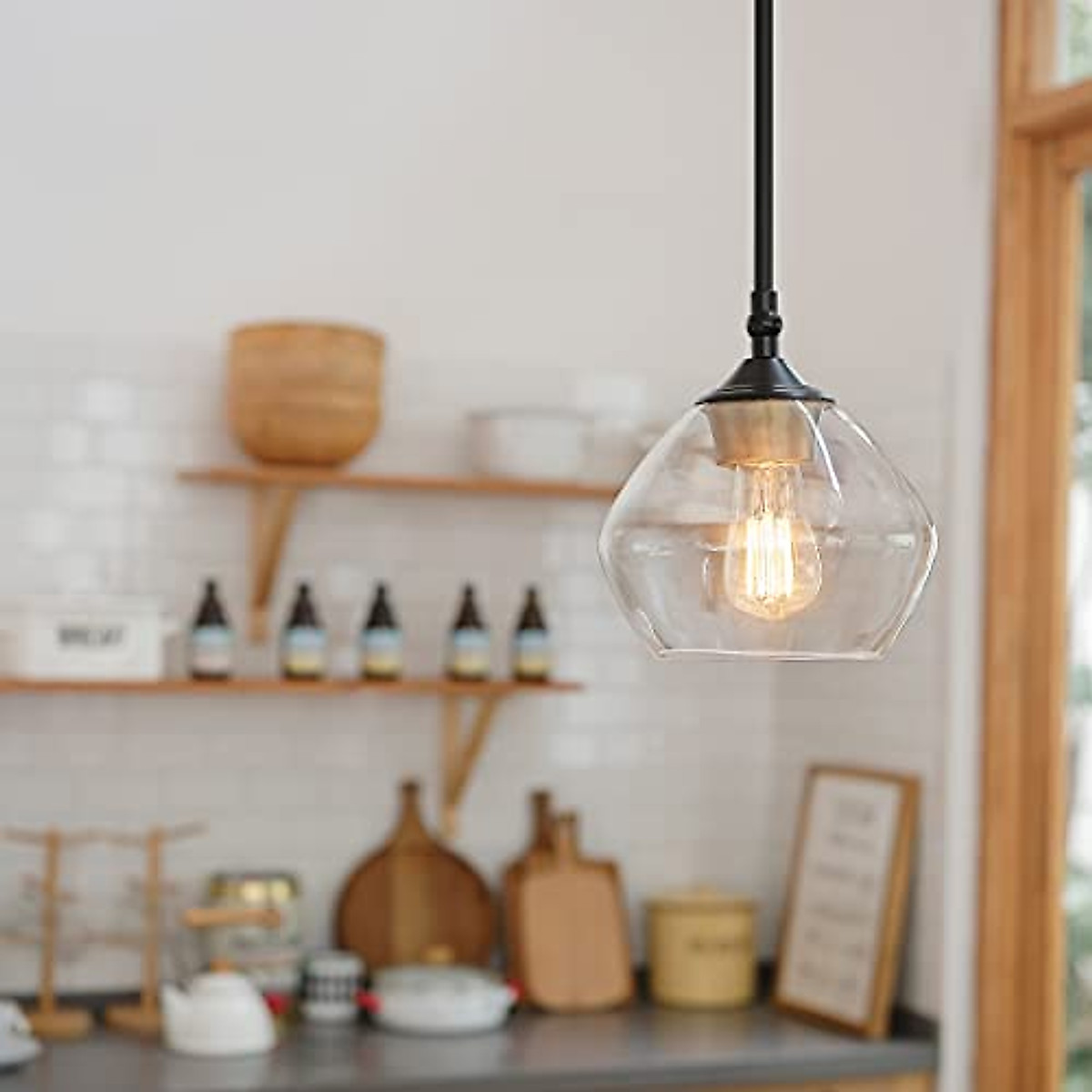 Globe Electric Harrow 1-Light Pendant, Gold Accent Socket, Shade 60312, 59.6", Matte Black with Clear Glass