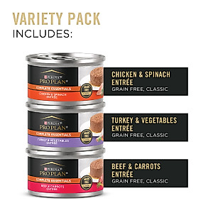 Purina Pro Plan Complete Essentials Chicken, Turkey and Beef Grain Free Wet Cat Food Variety Pack - (24) 3 oz. Cans
