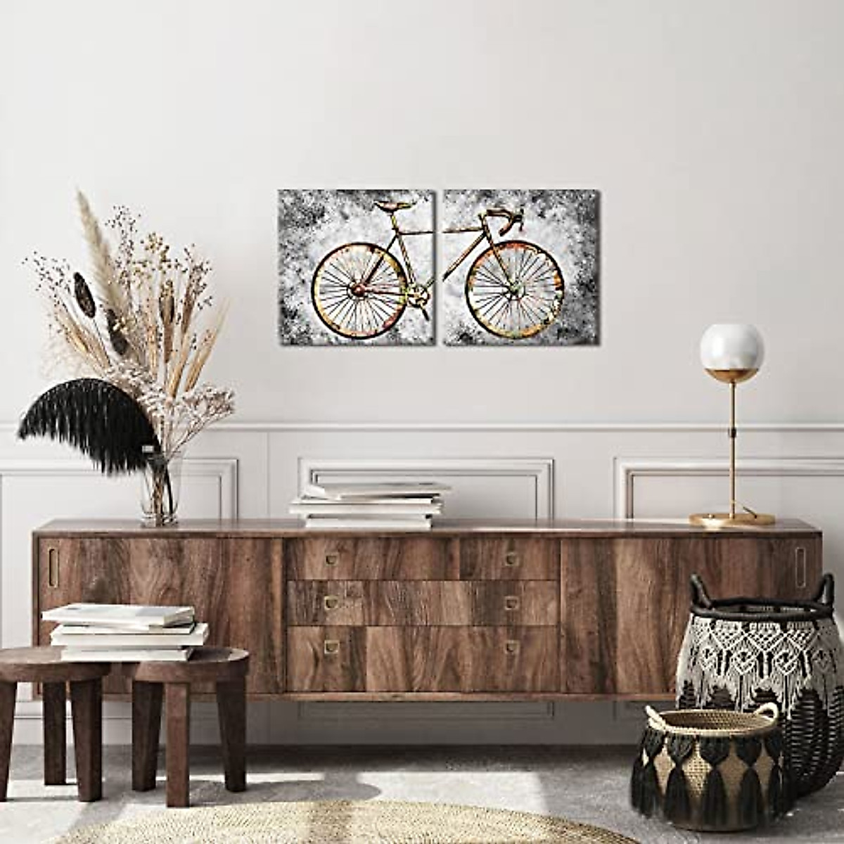 HOMEOART Rustic Bicycle Graffiti Wall Art Mountain Bike Painting Retro Bike Canvas Prints Framed Artwork Farmhouse Living Room Bedroom Decoration 12"x12"x2Pieces