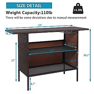 VINGLI Wicker Outdoor Bar Table with 2 Steel Shelves, 2 Sets of Rails, Rattan Patio Bar Table Outdoor Table with Storage for Backyard, Poolside, Garden