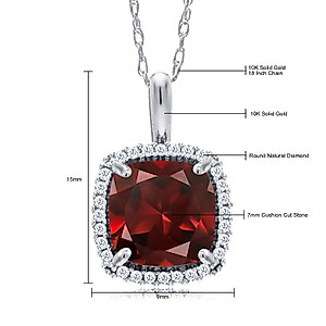 Gem Stone King 10K White Gold Gemstone Birthstone and White Diamond Halo Pendant Necklace | Cushion Cut 7MM | White Gold Necklace for Women | with 18 Inch Chain