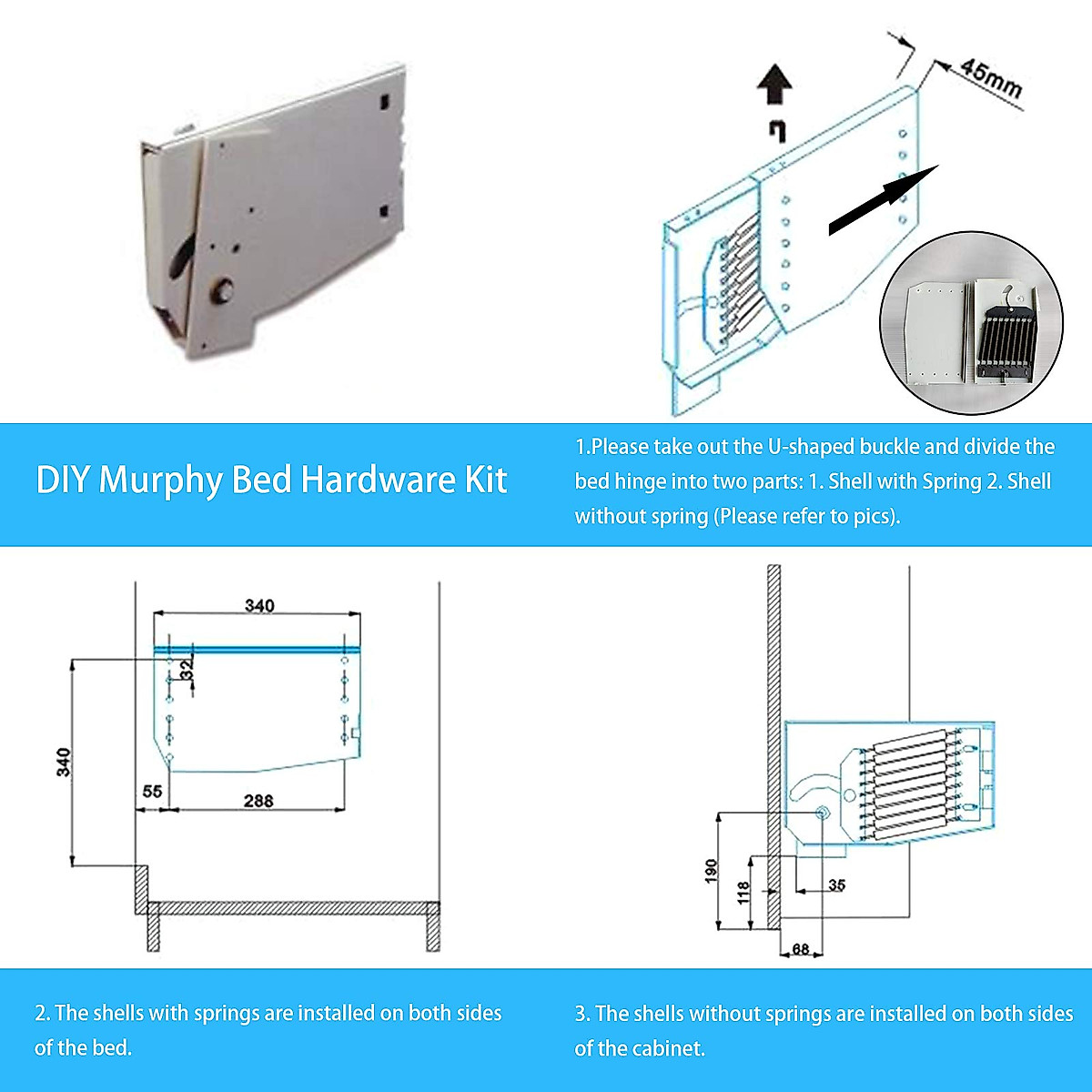 TFCFL Wall Bed Mechanical Hardware Kit, Small-Size DIY Murphy Bed Hardware Kit for Horizontal Wall Mount