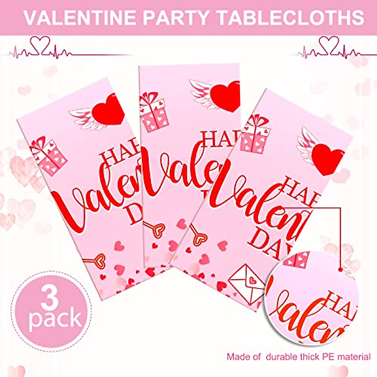 3 Pack Valentine's Day Tablecloth Valentine Tablecloth Valentines Day Party Decoration Plastic Rectangular Love Heart Table Cover Valentines Day Wedding Anniversary Birthday Decor 54 x 108 Inch