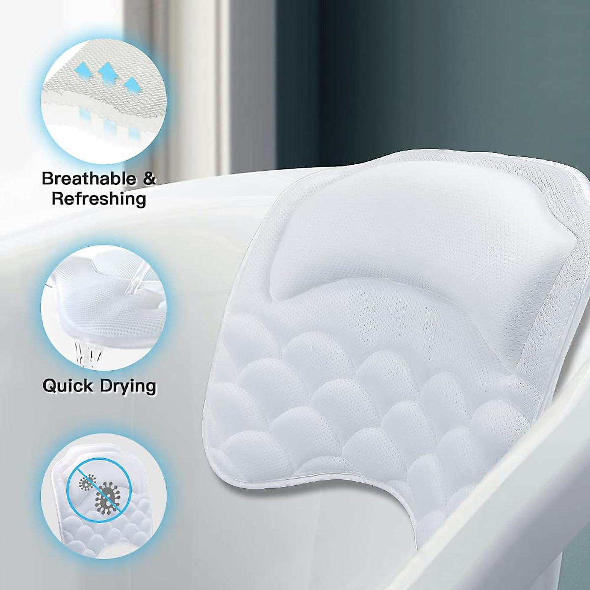 Bathtub Spa Pillow Bath Pillows for tub, with Non-Slip 8 Large Strong Suction Cups, Free Machine Washable Bag