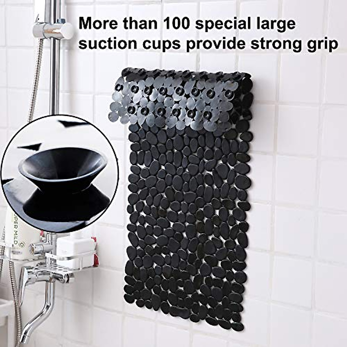 TreeBud Pebble Bathtub Mat, 35 x 16 Inches Non Slip Bath Mat for Shower Tub with Drain Holes and Suction Cups, Machine Washable Bathroom Mats (Black)