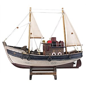 SAILINGSTORY Wooden Fishing Boat Model Sailboat Decor Ship Model Distressed Finish