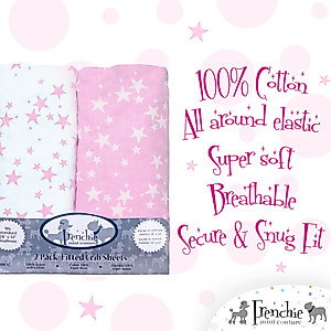 Frenchie Mini Couture Fitted Crib Sheets 100% Woven Cotton Fits Toddler Mattress, Pink Stars, 28 x 52inx8in, 2-Pack