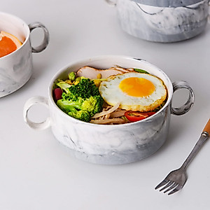 Yundu 26 Ounces Grey Marble Porcelain Bowls with Handles, French Onion Soup Bowls, Microwave and Oven Safe Bowls - Stackable Handled Bowls Set of 4